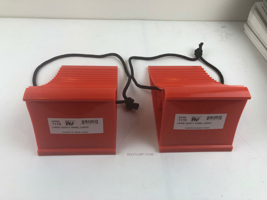 Red Pop Up Camper Wheel Chock with Rope - 2 Pack | Hanna Trailer Supply